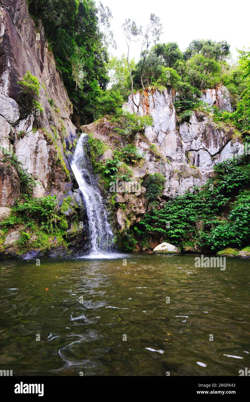 Waterfall view during sunny summer day. Azores, Sao Miguel Island ...