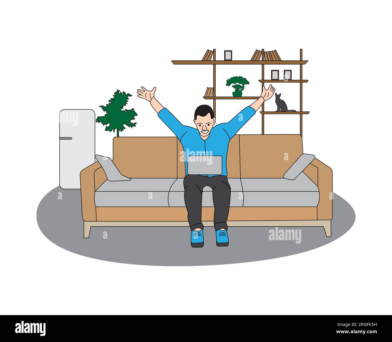 Man sitting on couch at home using laptop, coloring line art minimal ...