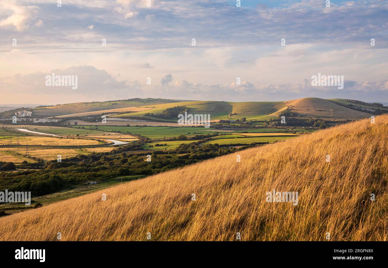 Golden hour view from Itford Hill in the south downs of the Ouse valley ...
