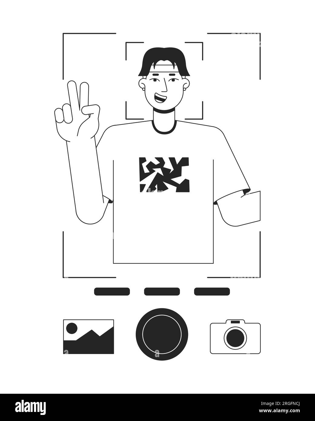 Man showing v sign and taking photo bw concept vector spot illustration ...