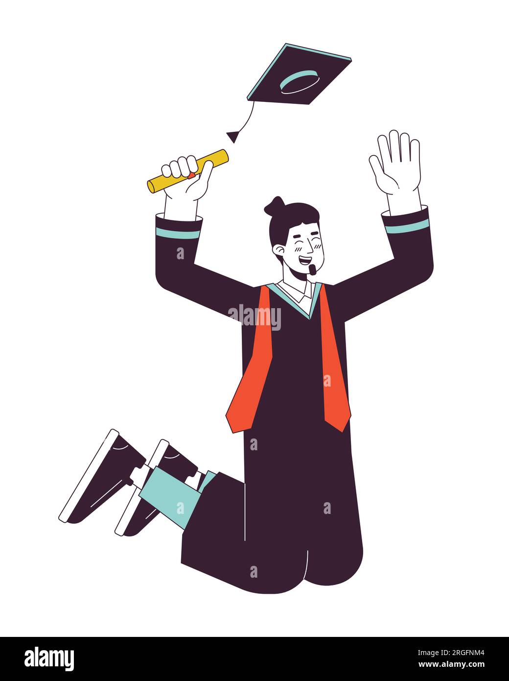 Jumping graduate male caucasian flat line color vector character Stock ...