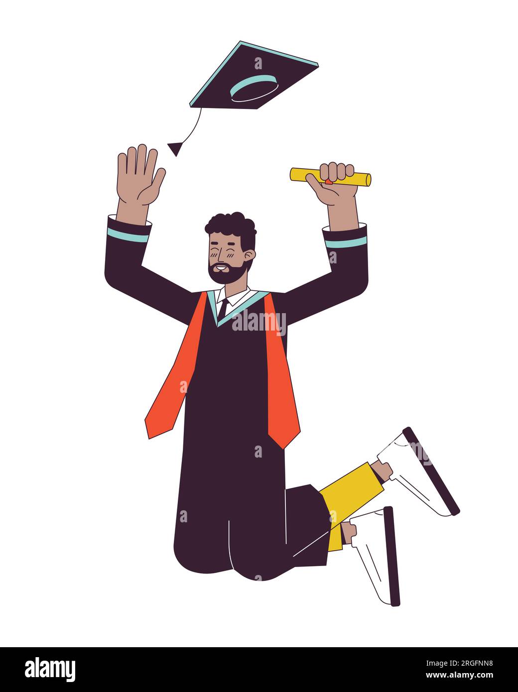 Jumping male student in graduation gown flat line color vector ...