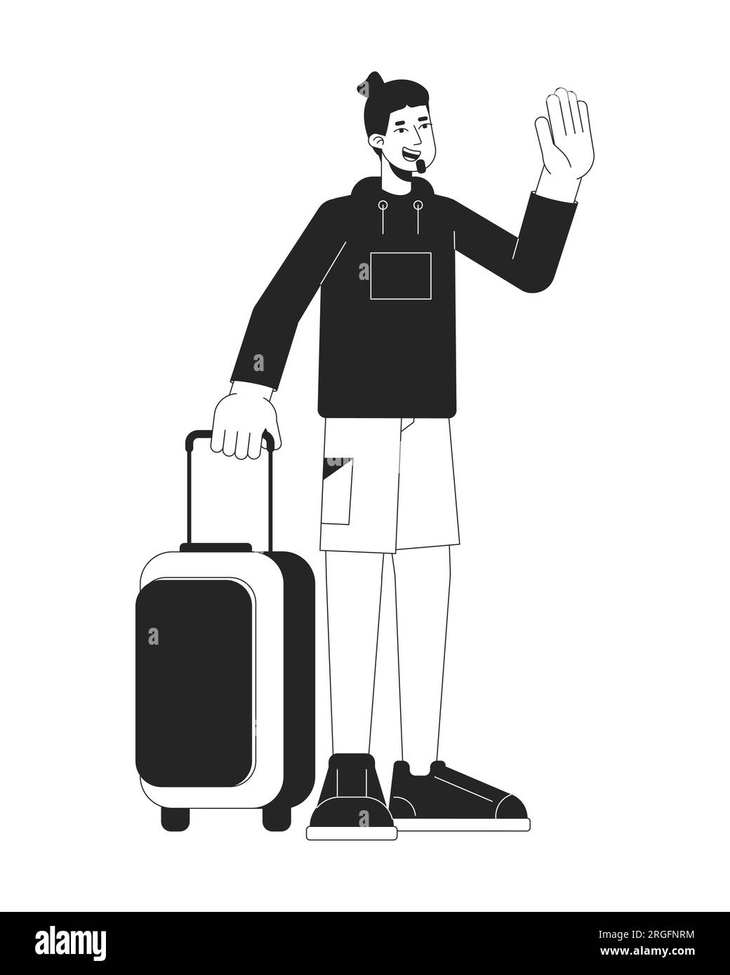 Goodbye waving man holding suitcase flat line black white vector ...