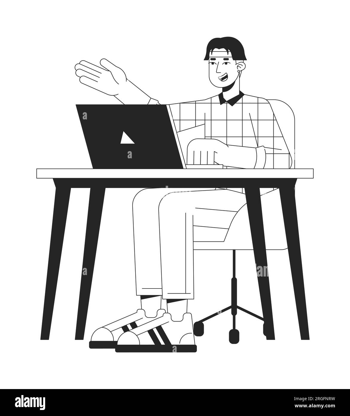University student sitting at table flat line black white vector ...