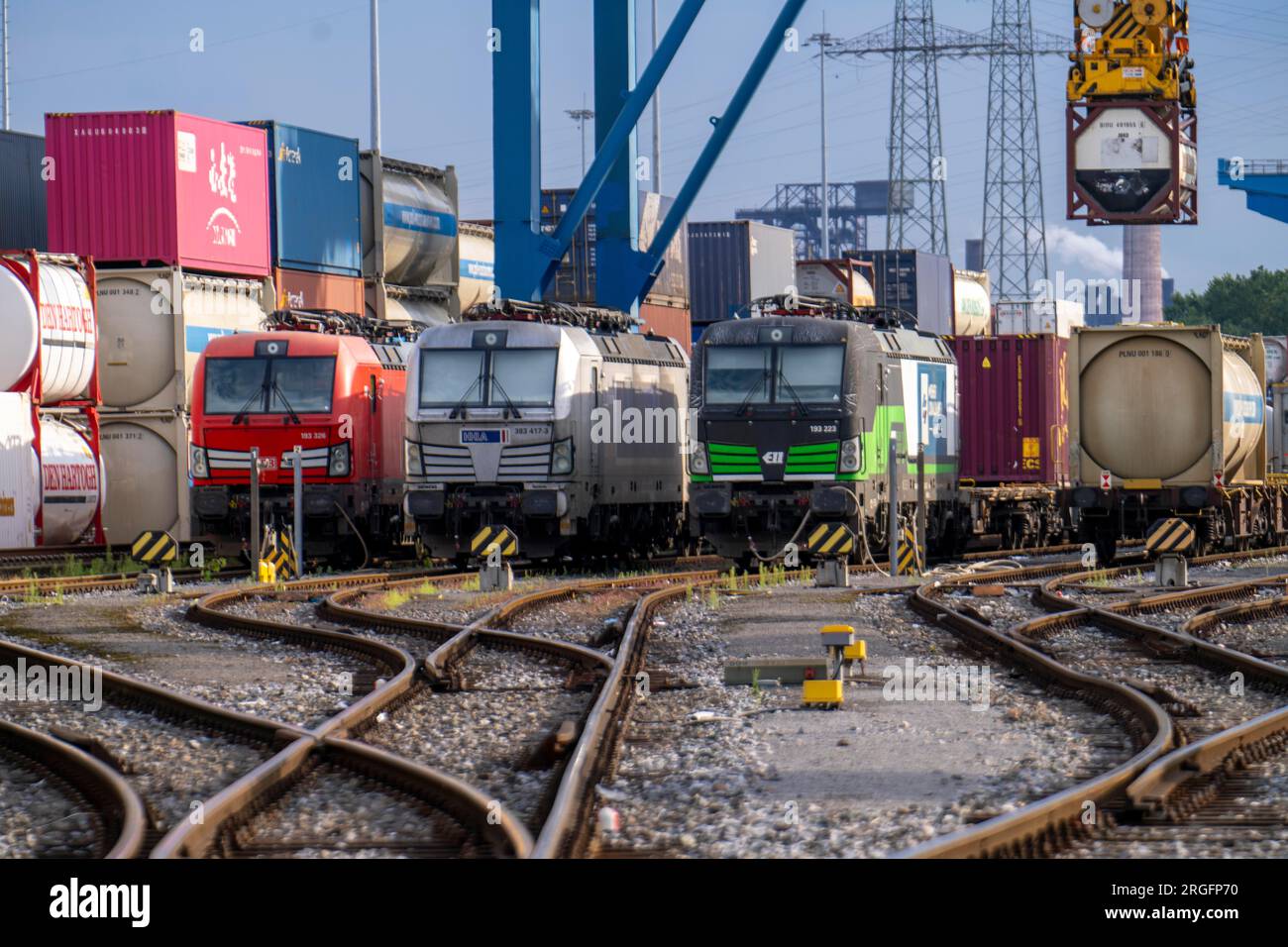 Locomotives of container trains, at the port of Duisburg, Logport ...