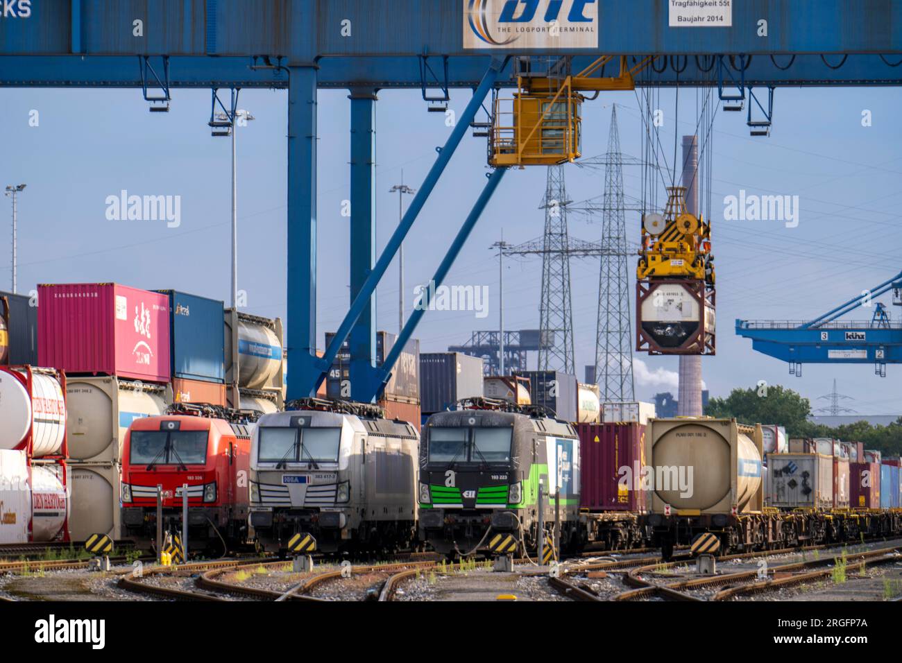 Locomotives of container trains, at the port of Duisburg, Logport ...