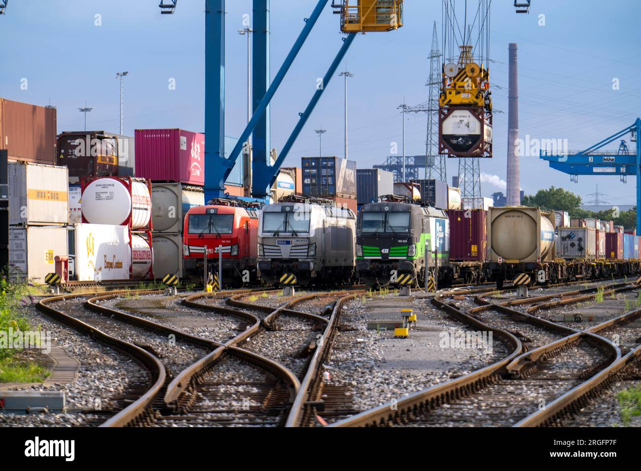 Locomotives of container trains, at the port of Duisburg, Logport ...