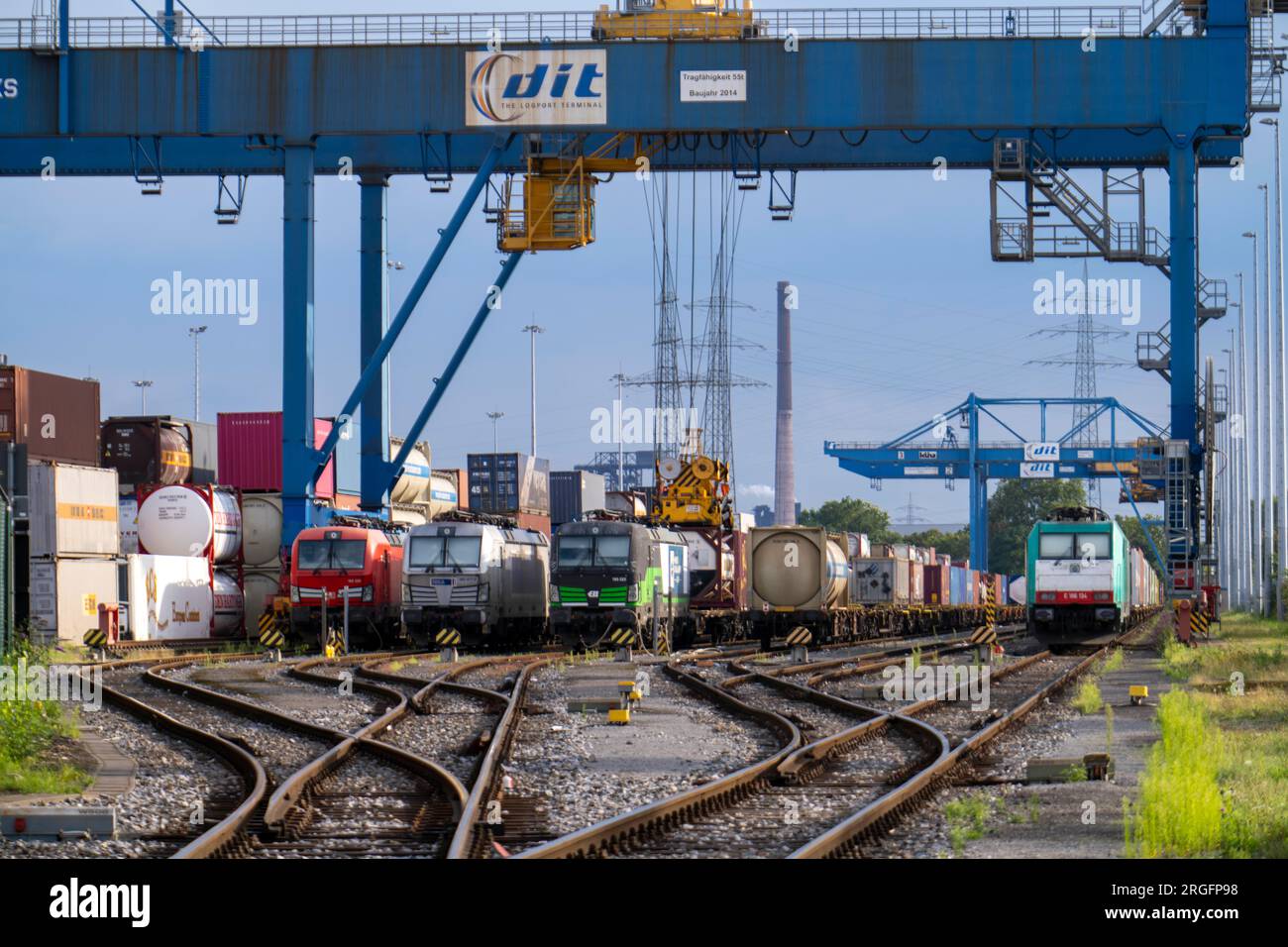 Locomotives of container trains, at the port of Duisburg, Logport ...