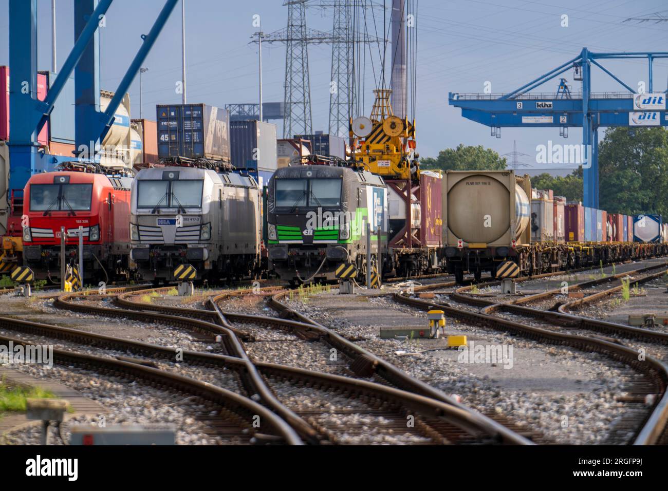 Locomotives of container trains, at the port of Duisburg, Logport ...