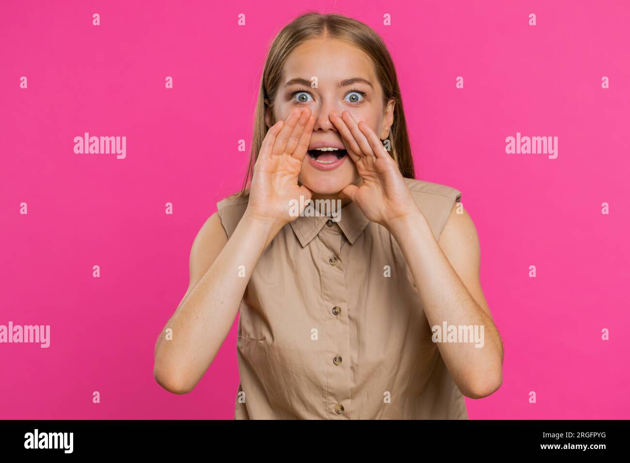 Keep my secrets, silence. Young woman whisper news rumors holding hands ...