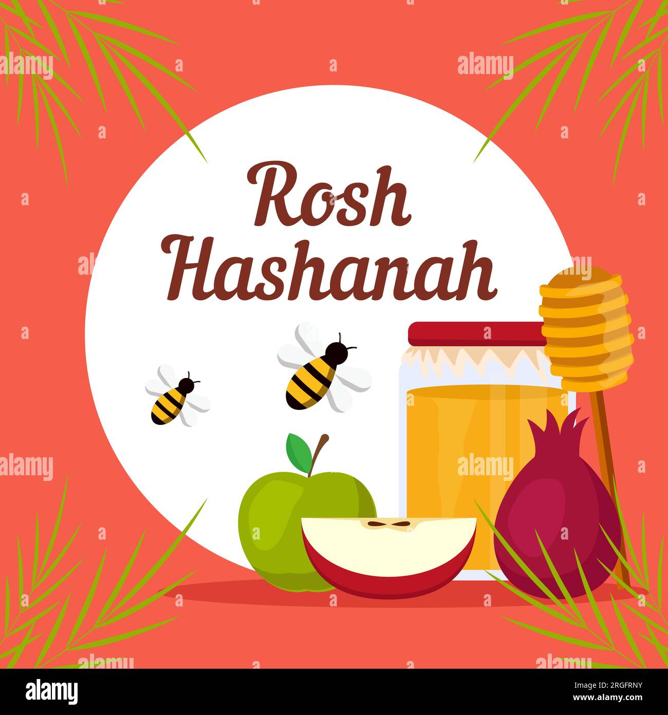 rosh hashanah illustration in flat design vector with bee, pomegranate ...