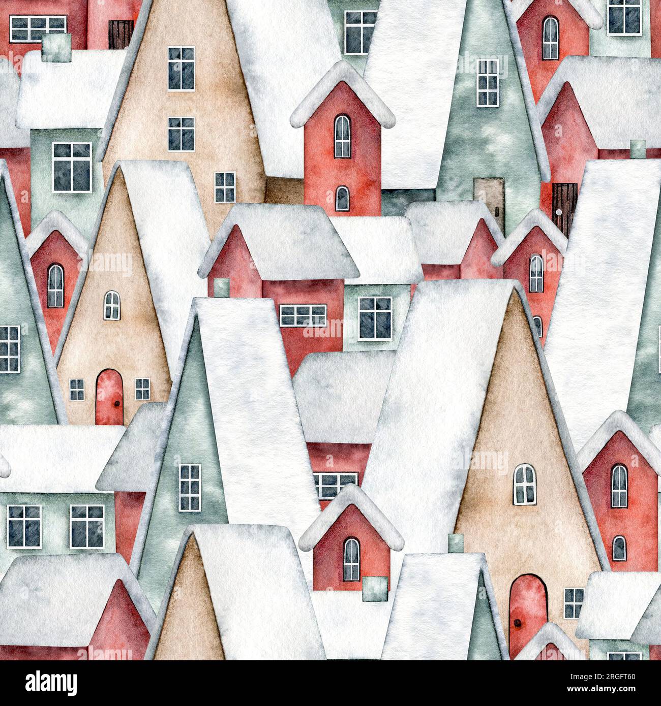 Christmas seamless pattern with cute houses with doors, windows ...