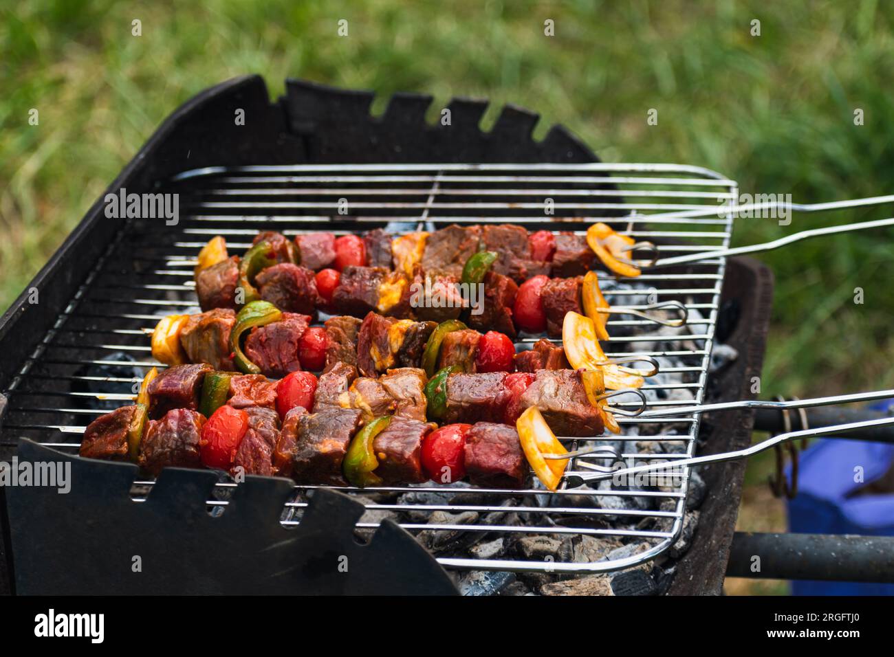 Raw meat just put on the barbecue, meat skewer with diced vegetables ...