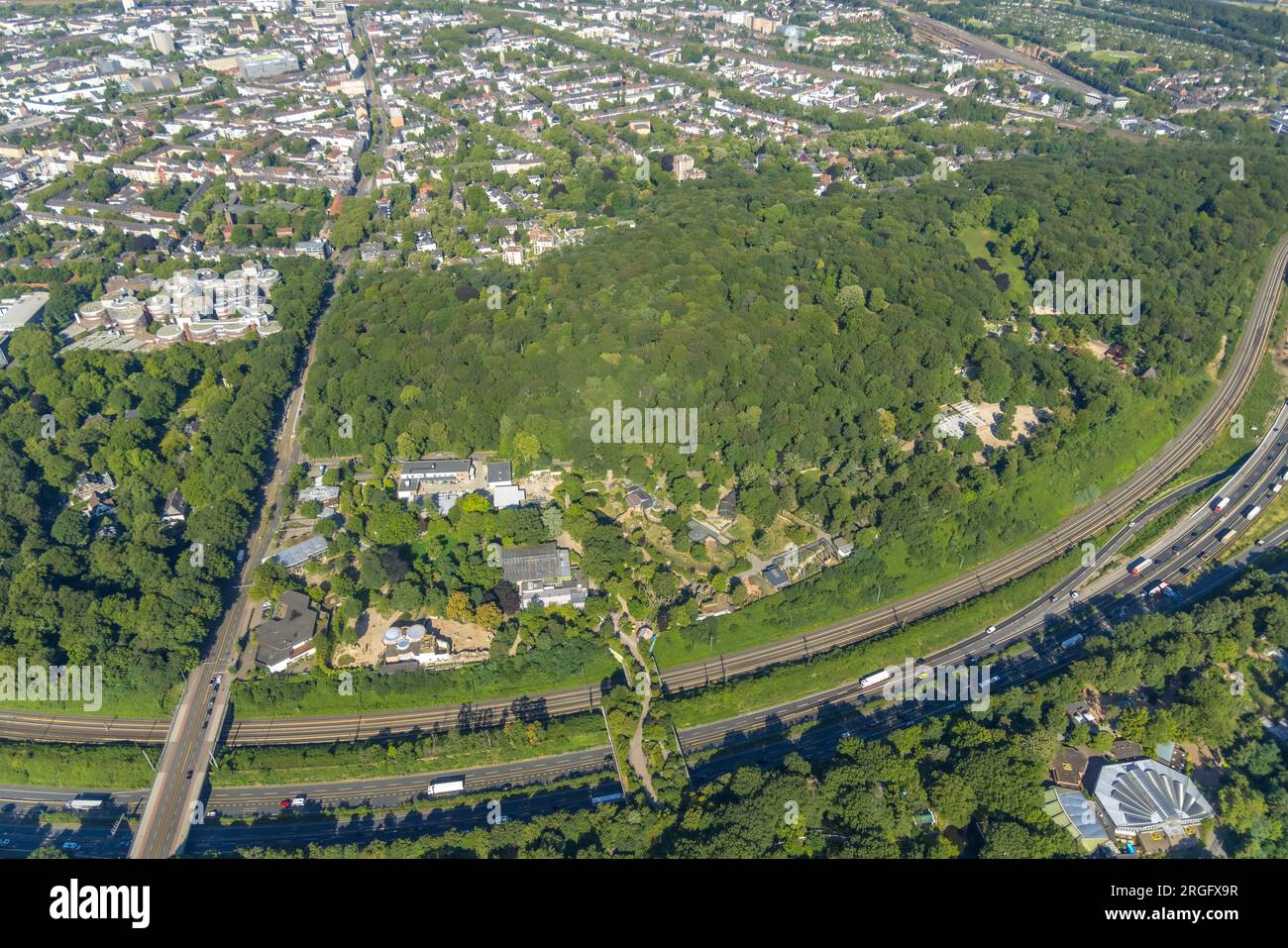 Aerial view, Duisburg Zoo in forest area at Kaiserberg freeway junction ...