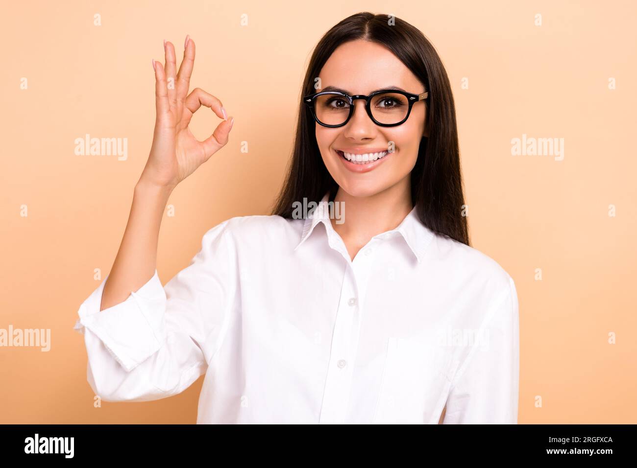 Photo of smiling confident lady wear white shirt spectacles smiling ...