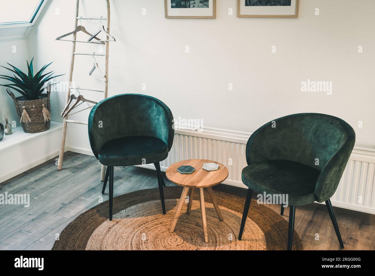 Two cozy dark green velvet armchairs and a wooden coffee table on a ...