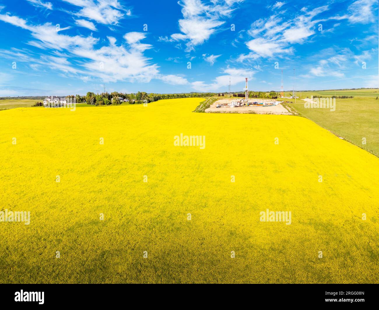 Aerial blooming canola field overlooking an oil and gas drilling rig ...