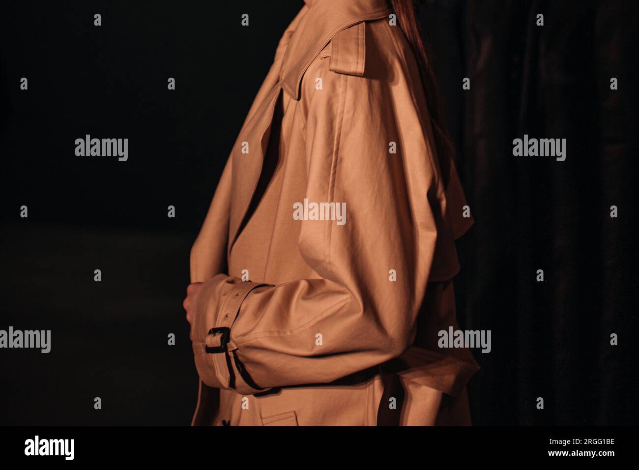 Young fashion model with cropped head in the stylish autumnal brown ...