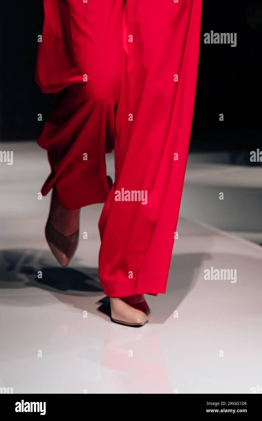 Cropped female figure dressed in classic red pants and high heels ...