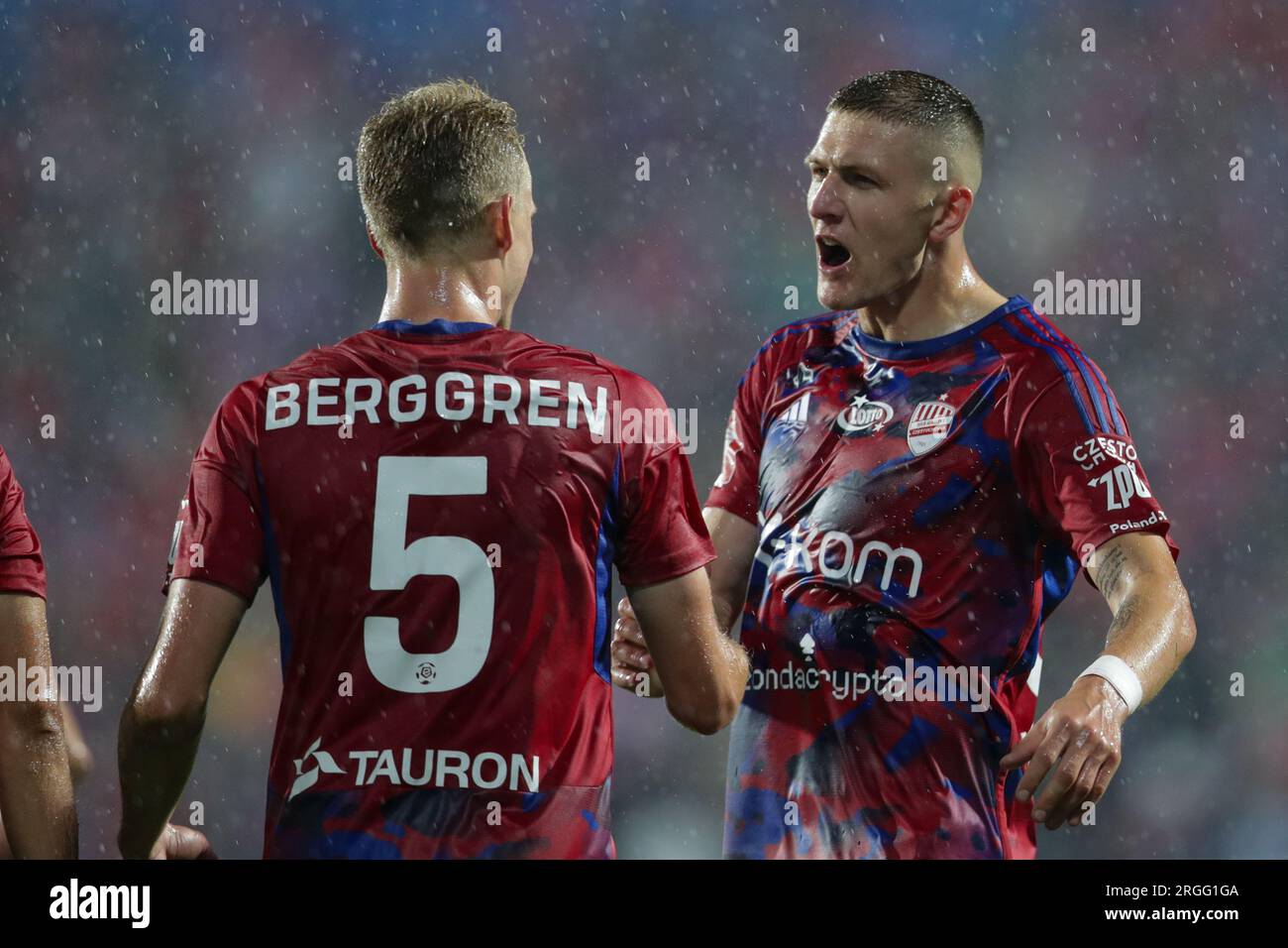 Gustav Berggren of Rakow Czestochowa (L) and Fabian Piasecki of Rakow Czestochowa (R) celebrate ...