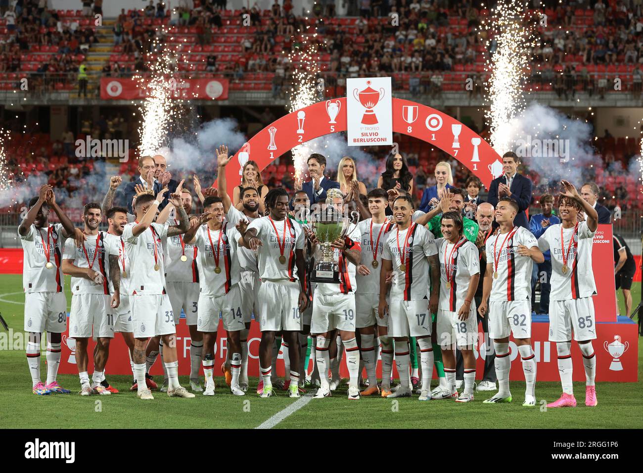 Monza, Italy, 8th August 2023. AC Milan players pose with the trophy ...