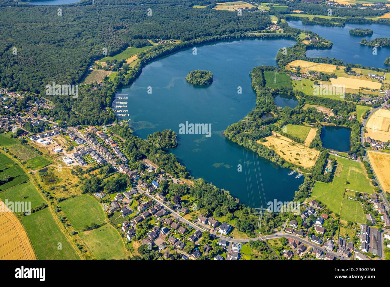 Luftbild, Lohheidesee, Insel im See, Baustelle Wohnhäuser Neubaugebiet ...