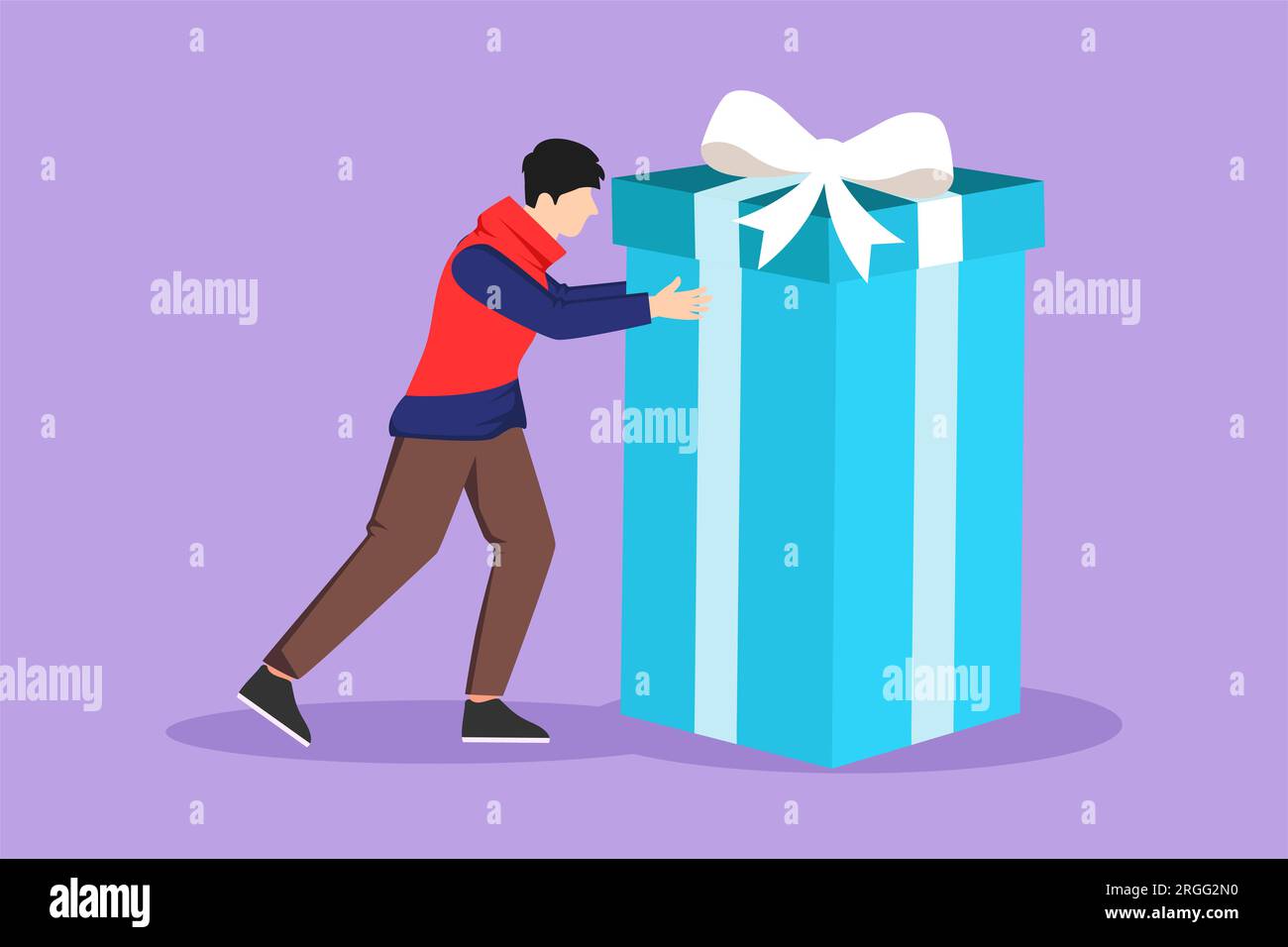 Graphic flat design drawing young man pushes in front of him huge gift ...
