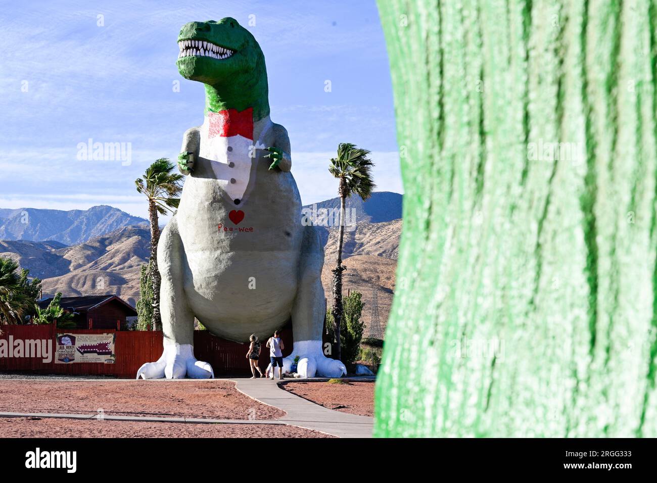 Mr. Rex of the Cabazon Dinosaurs displays a fresh coat of paint, paying homage to the late actor ...