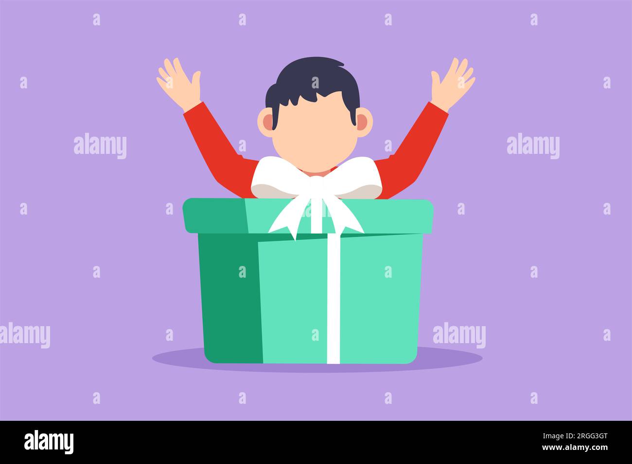 Cartoon flat style drawing of happy little boy holding big ribbon bow ...
