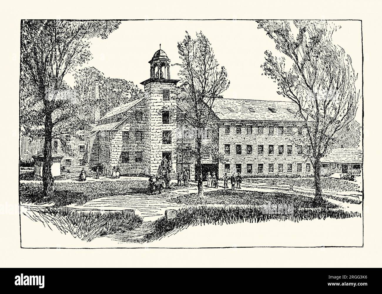 An old engraving of a New England cotton mill, one typical of the ...