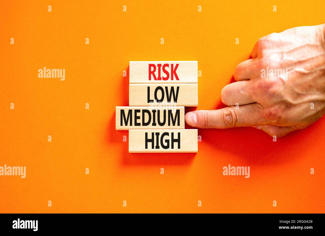 Time to medium risk symbol. Concept word Risk low medium high on wooden ...