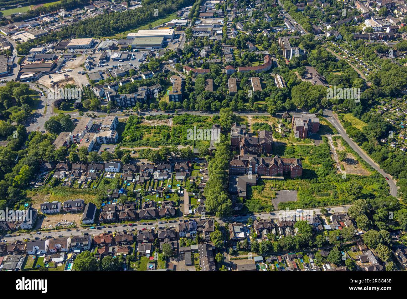 Aerial view, Former St. Barbara Hospital with fire damage to roof truss ...