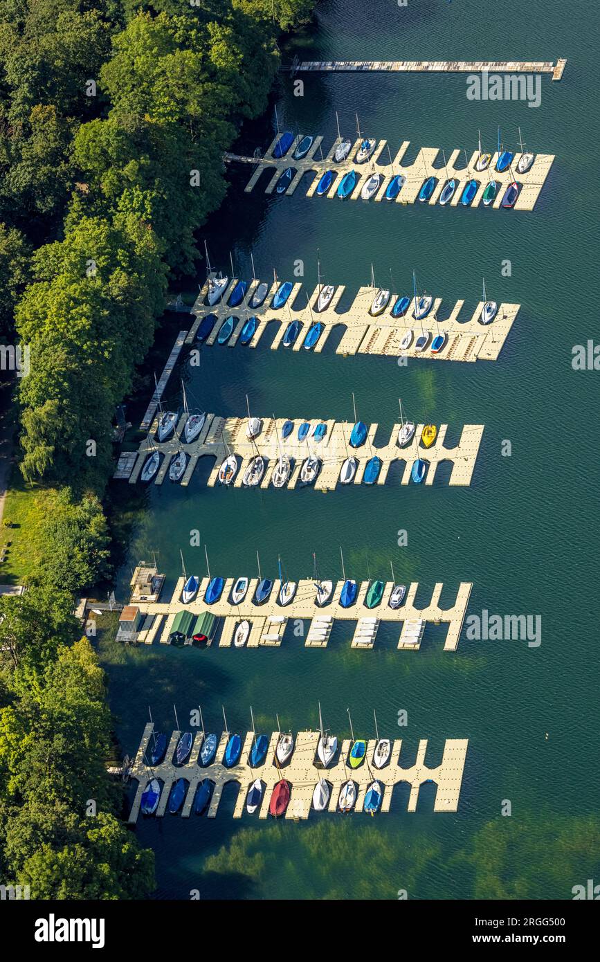 Aerial view, Lohheidesee, boat landing stage, Baerl, Duisburg, Ruhr ...
