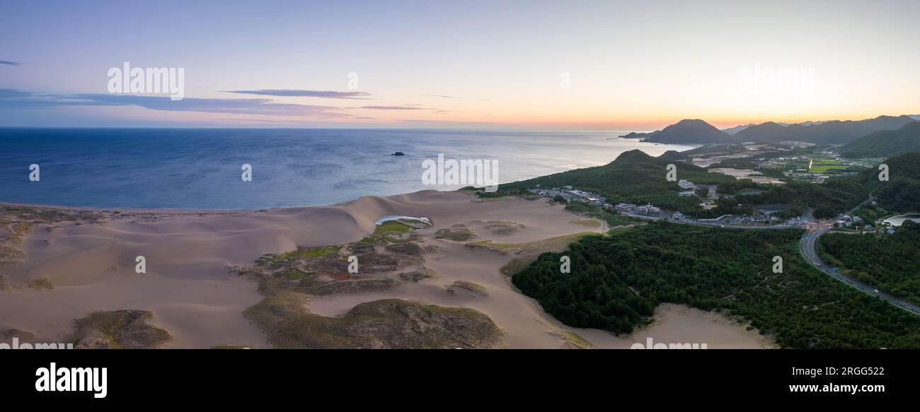Aerial View of Sunrise on Tottori Sand Dunes and Sea of Japan Coast ...