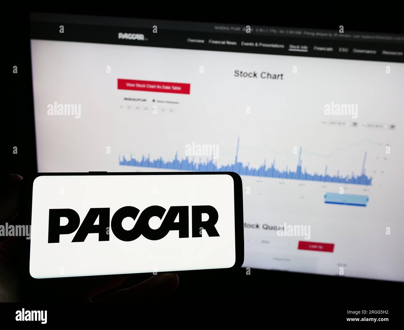 Person holding mobile phone with logo of American commercial vehicle company PACCAR Inc. on ...
