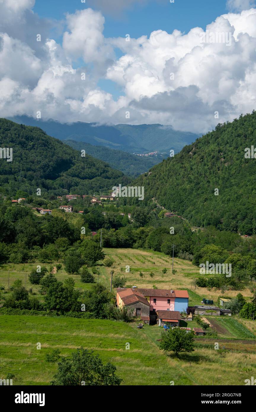 Surrounded by steep wooded mountain slopes and on the valley floor of ...