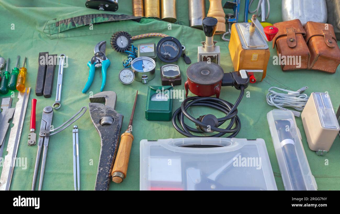 Old Vintage Stuff Used Tools for Sale at Flea Market Stall Stock Photo ...
