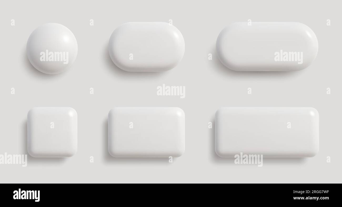 White monochrome 3D button set in different shapes. Blank glossy round ...