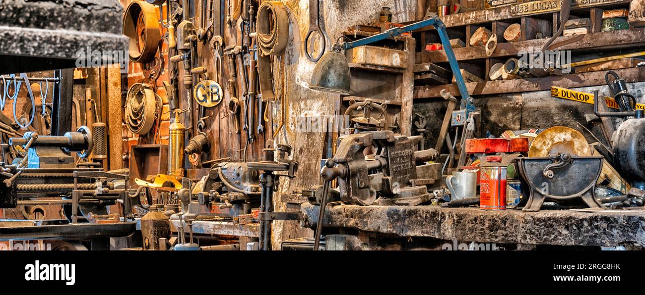 Car mechanics work bench in a garage of the 1930's at the National ...