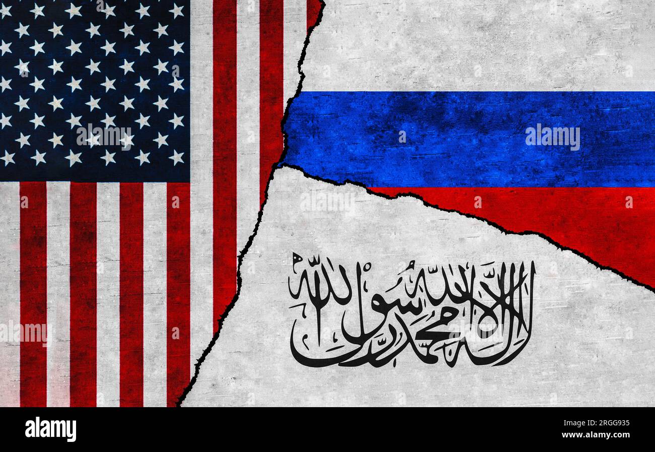 USA, Russia and Taliban flags on wall. United States of America ...