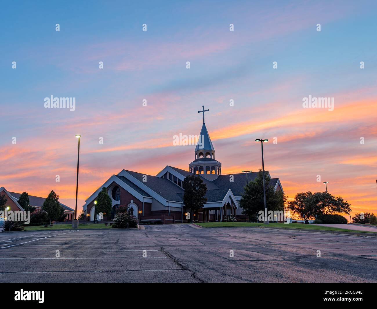 Sunset view of the St Monica Catholic Church at Edmond, Oklahoma Stock ...