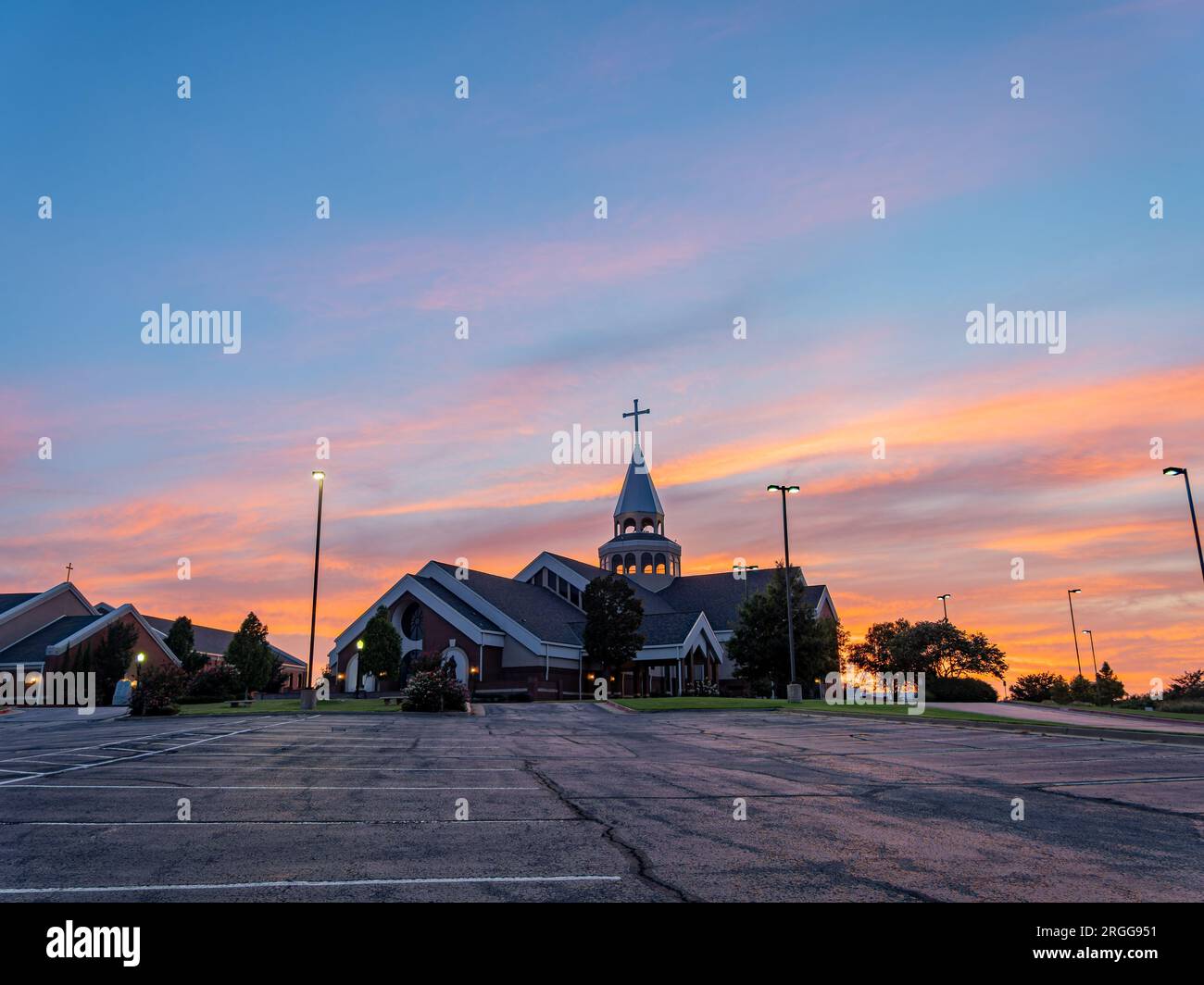 Sunset view of the St Monica Catholic Church at Edmond, Oklahoma Stock ...