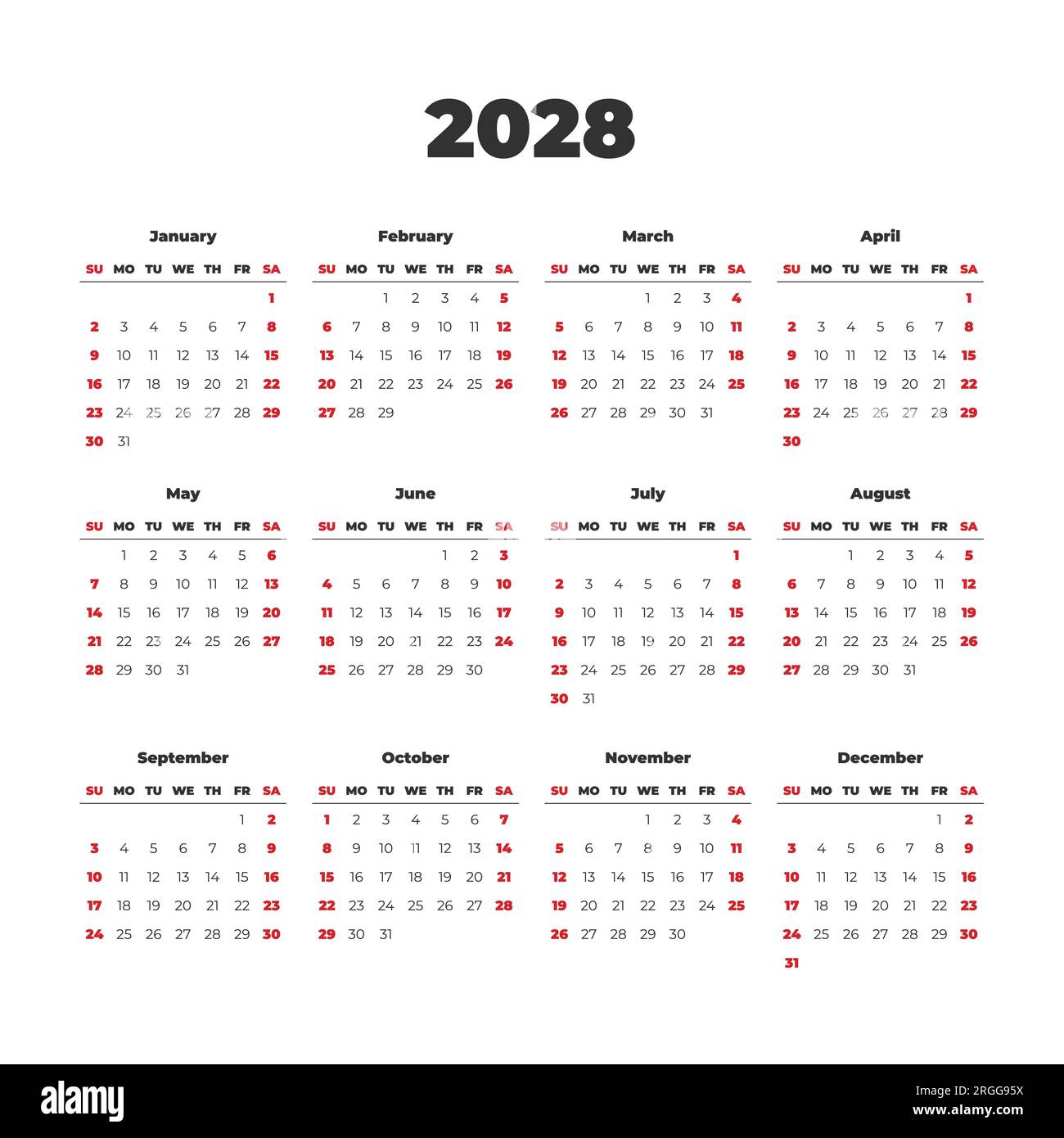 Simple vector calendar on 2028. Start from Sunday Stock Vector Image ...