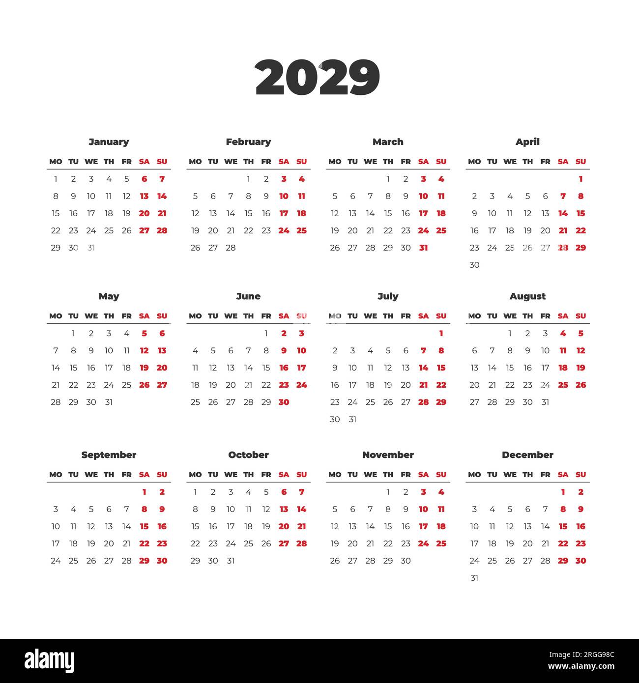 2029 simple vector calendar template. Weeks start on Monday Stock ... 2029 simple vector calendar template. Weeks start on Monday Stock ...