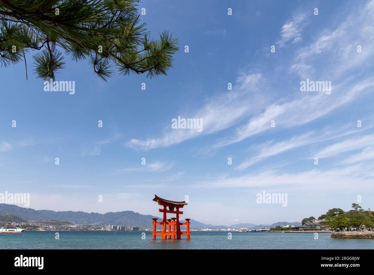 Panoramic view over Miyajima (Itsukushima) Island, Japan waters with ...