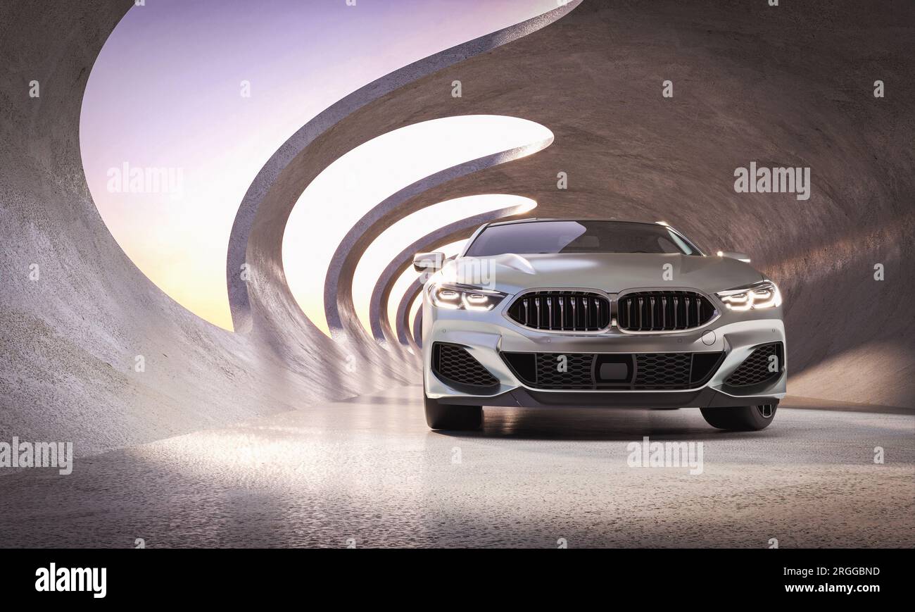 luxurious car in futuristic curved abstract tunnel. 3d render Stock ...