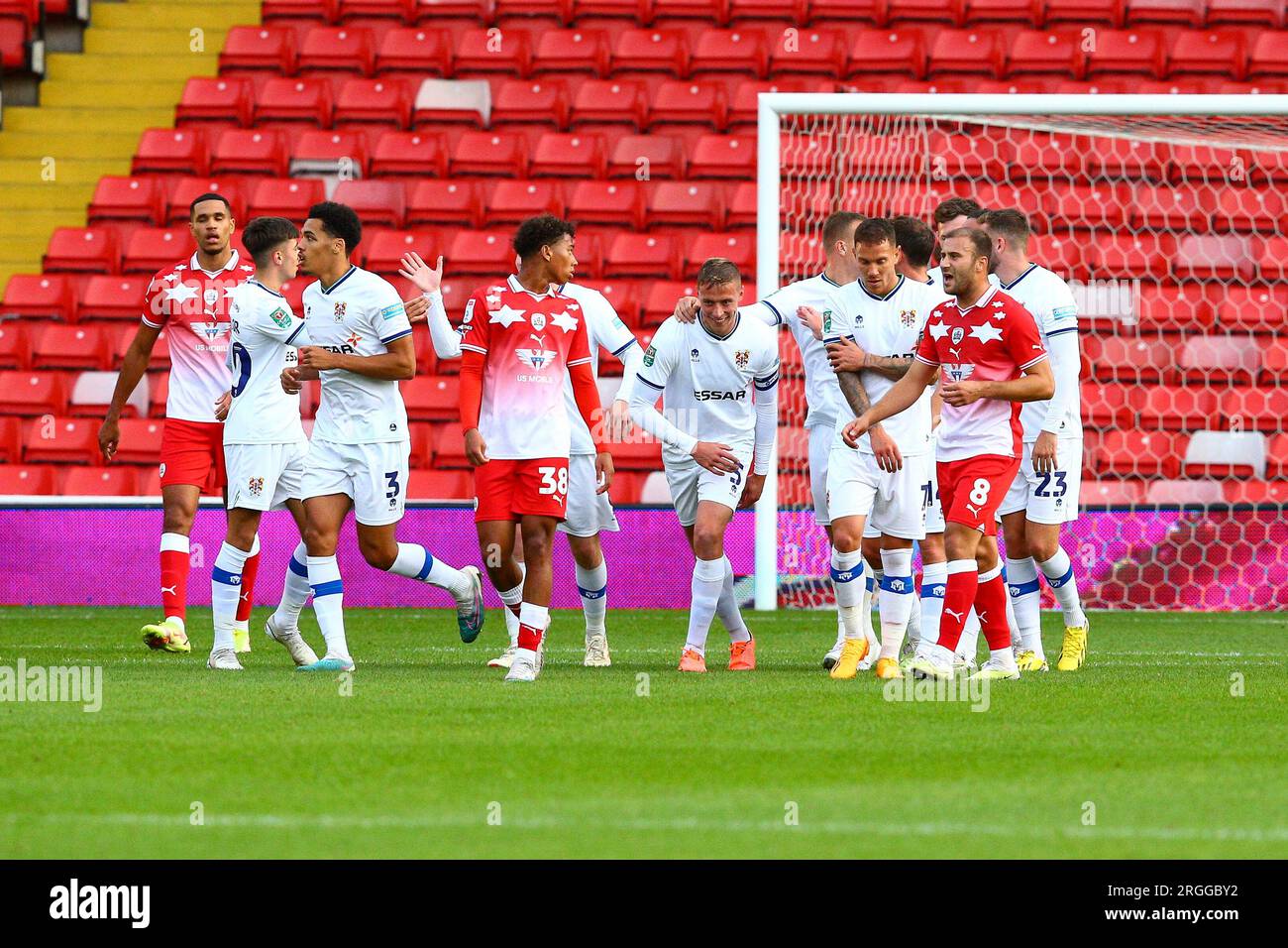 Oakwell Stadium, Barnsley, England - 8th August 2023 Tranmere players ...