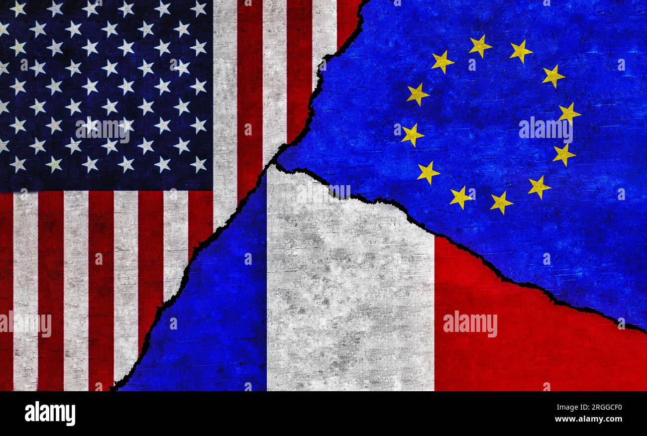 USA, France and EU flags on wall with crack. United States of America ...
