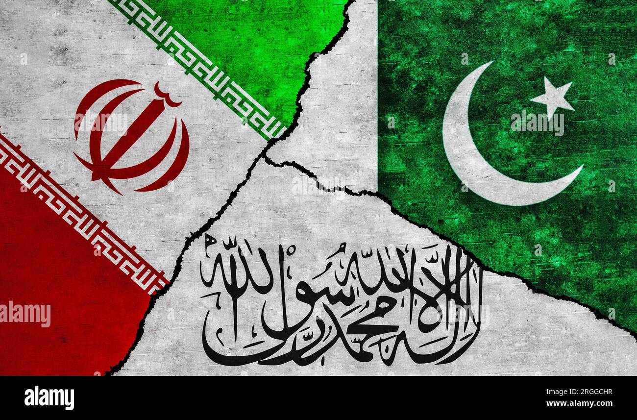 Pakistan, Iran and Taliban painted flags on a wall with a crack. Iran ...