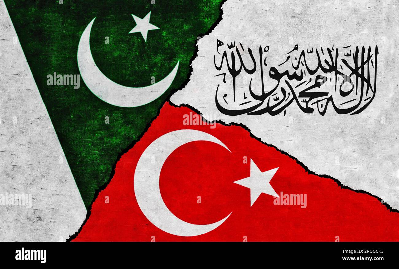 Turkey, Pakistan and Taliban painted flags on wall with crack ...